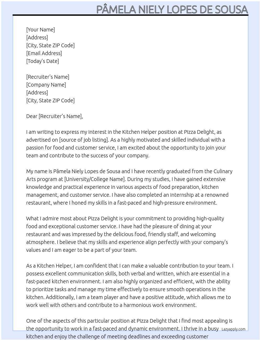 Cover letter for kitchen helper - LazyApply