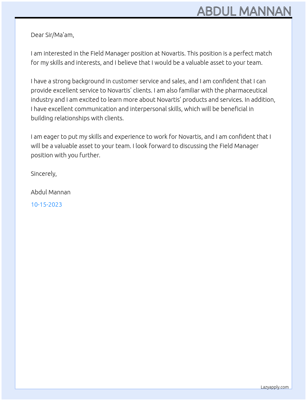 Cover letter for field manager - LazyApply