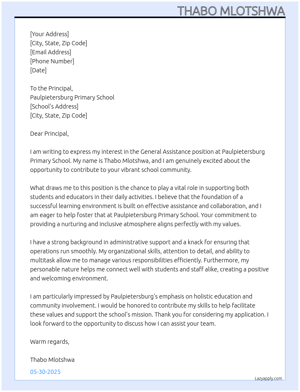 Cover letter for general assistance - LazyApply