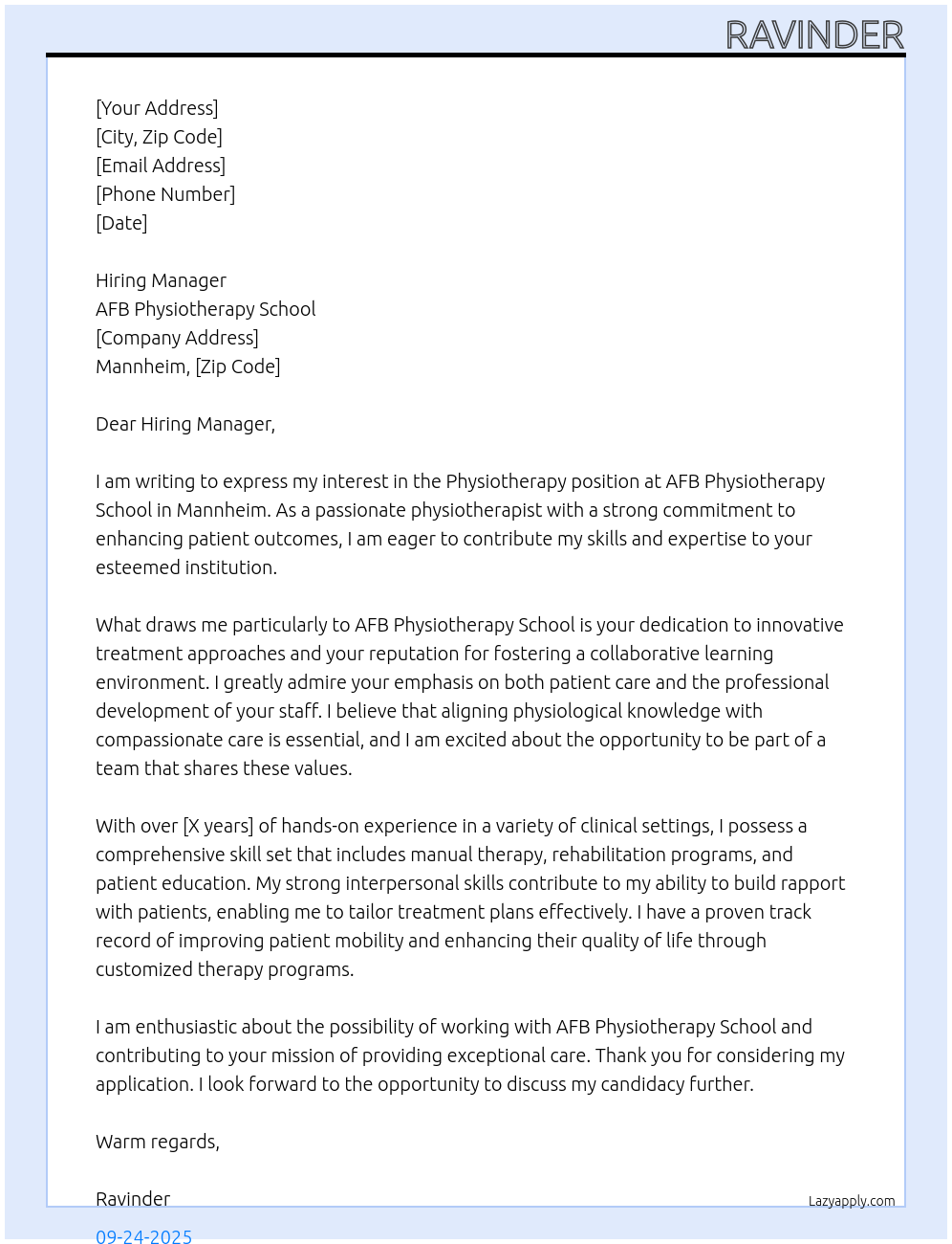 Cover letter for physiotherapy - LazyApply