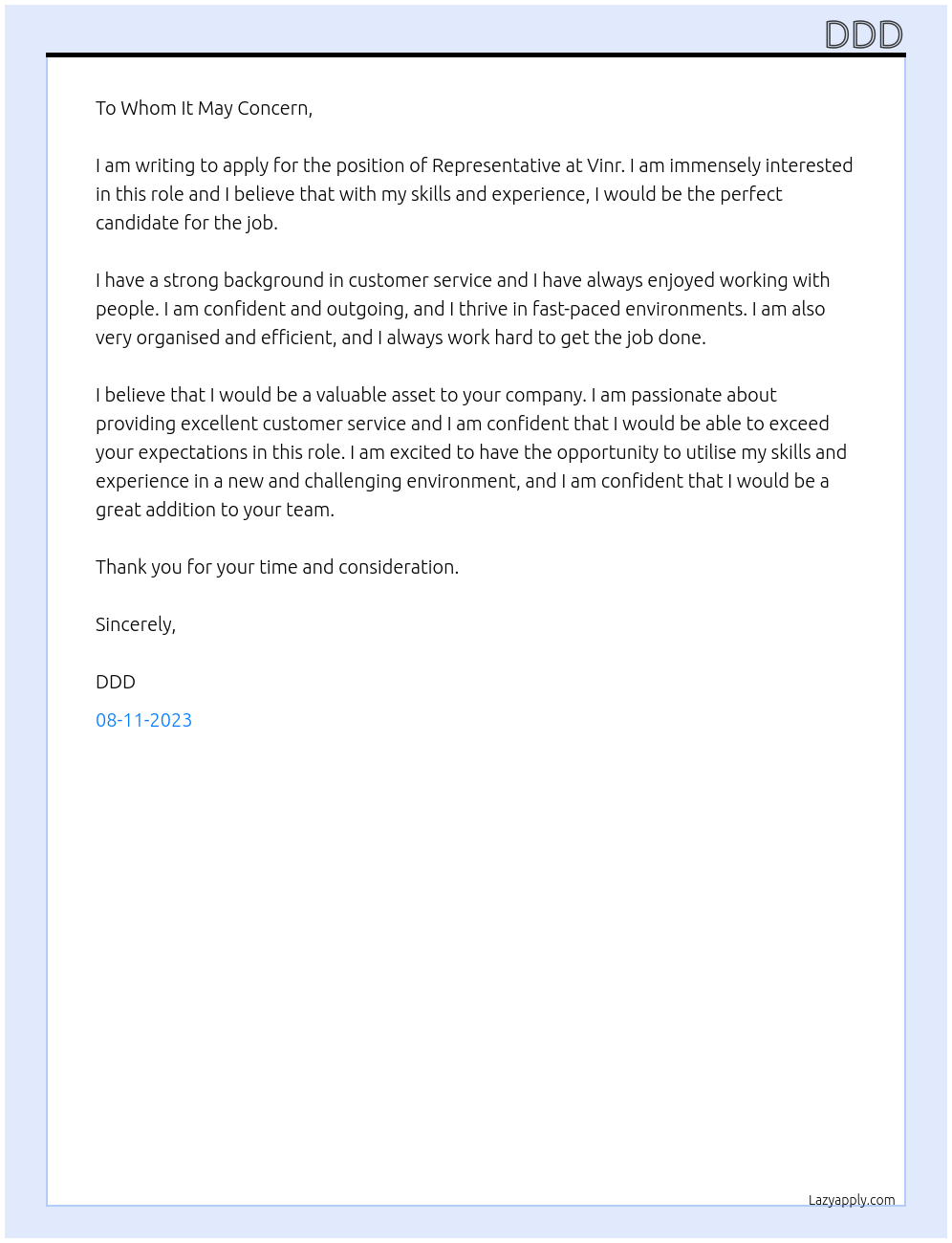 Cover letter for representative - LazyApply
