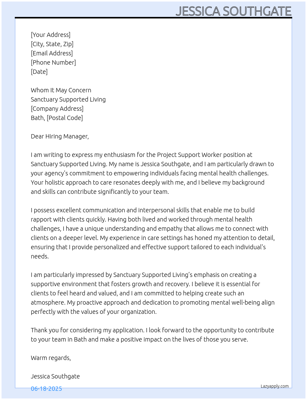 Cover letter for project support worker - LazyApply