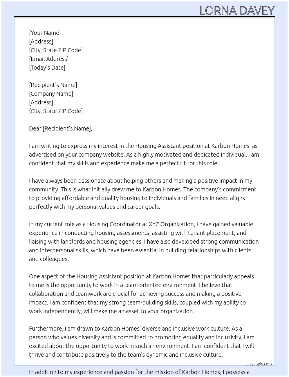 Cover letter for housing assistant - LazyApply
