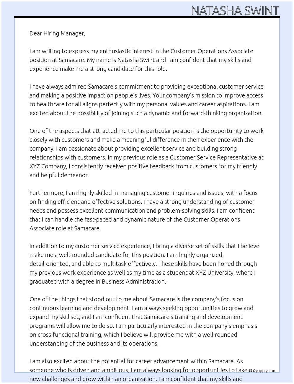 Cover letter for customer operations associate - LazyApply