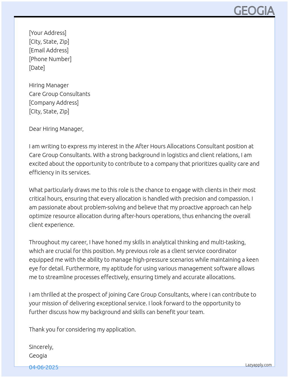 Cover letter for after hours allocations consultant - LazyApply