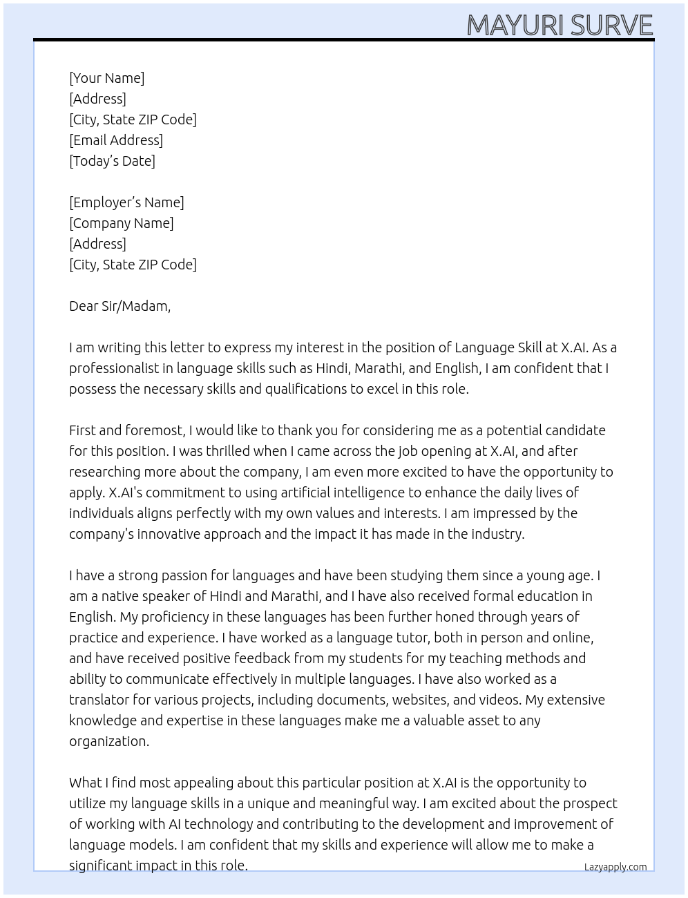 Cover letter for language skill - LazyApply