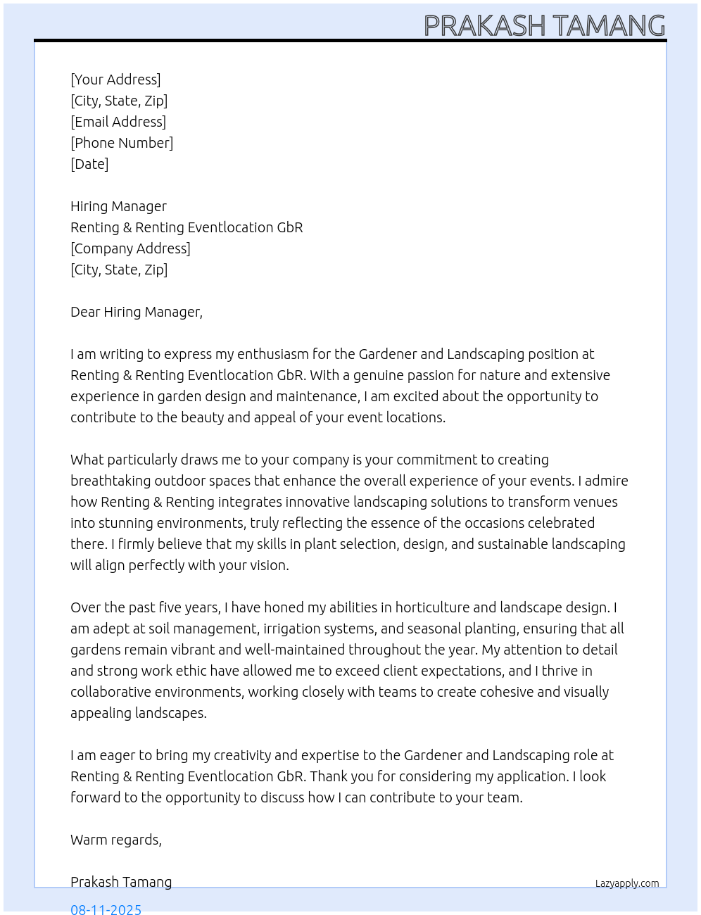 Cover letter for gardener and landscaping - LazyApply