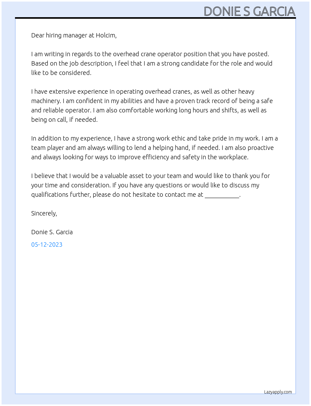 Cover letter for overhead crane operator - LazyApply