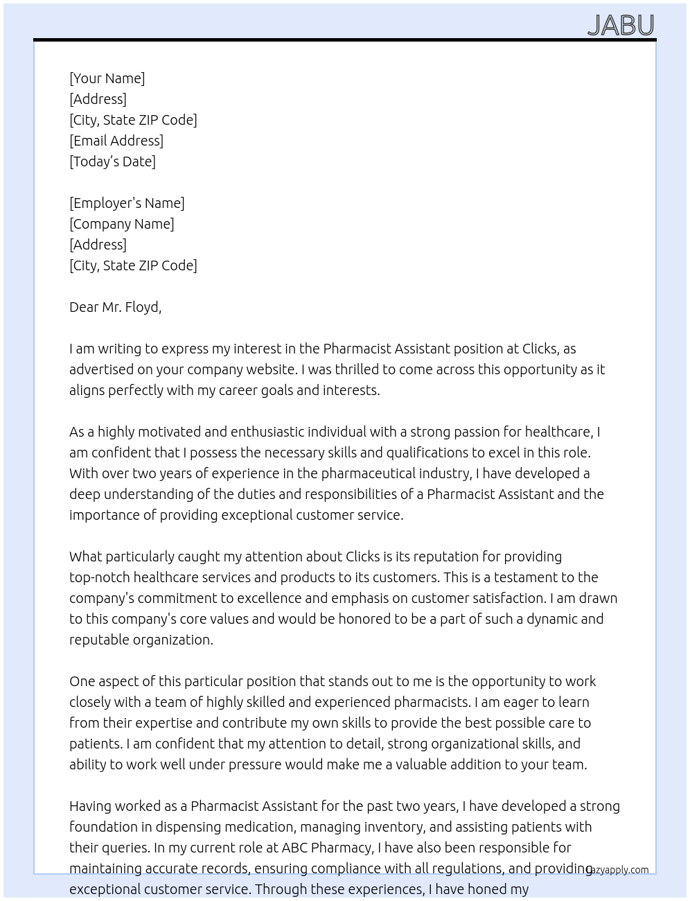 Cover letter for pharmacist assistant - LazyApply