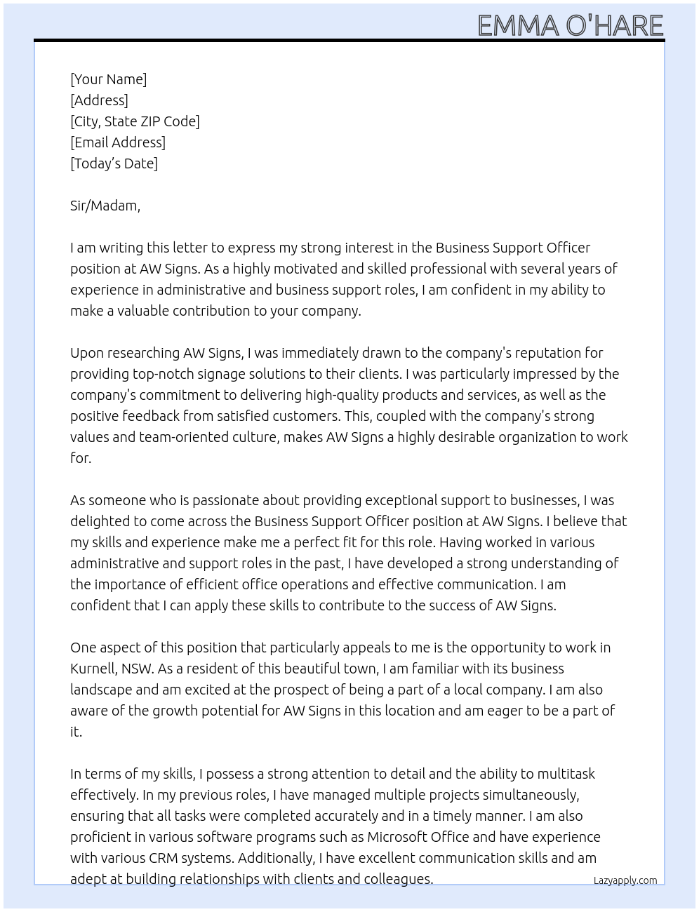 Cover letter for business support officer - LazyApply