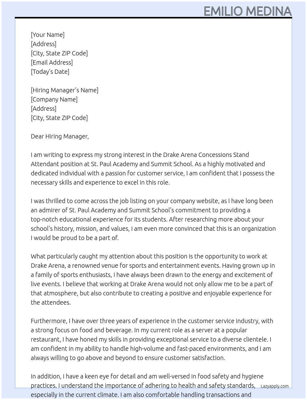 Cover letter for drake arena concessions stand attendant - LazyApply