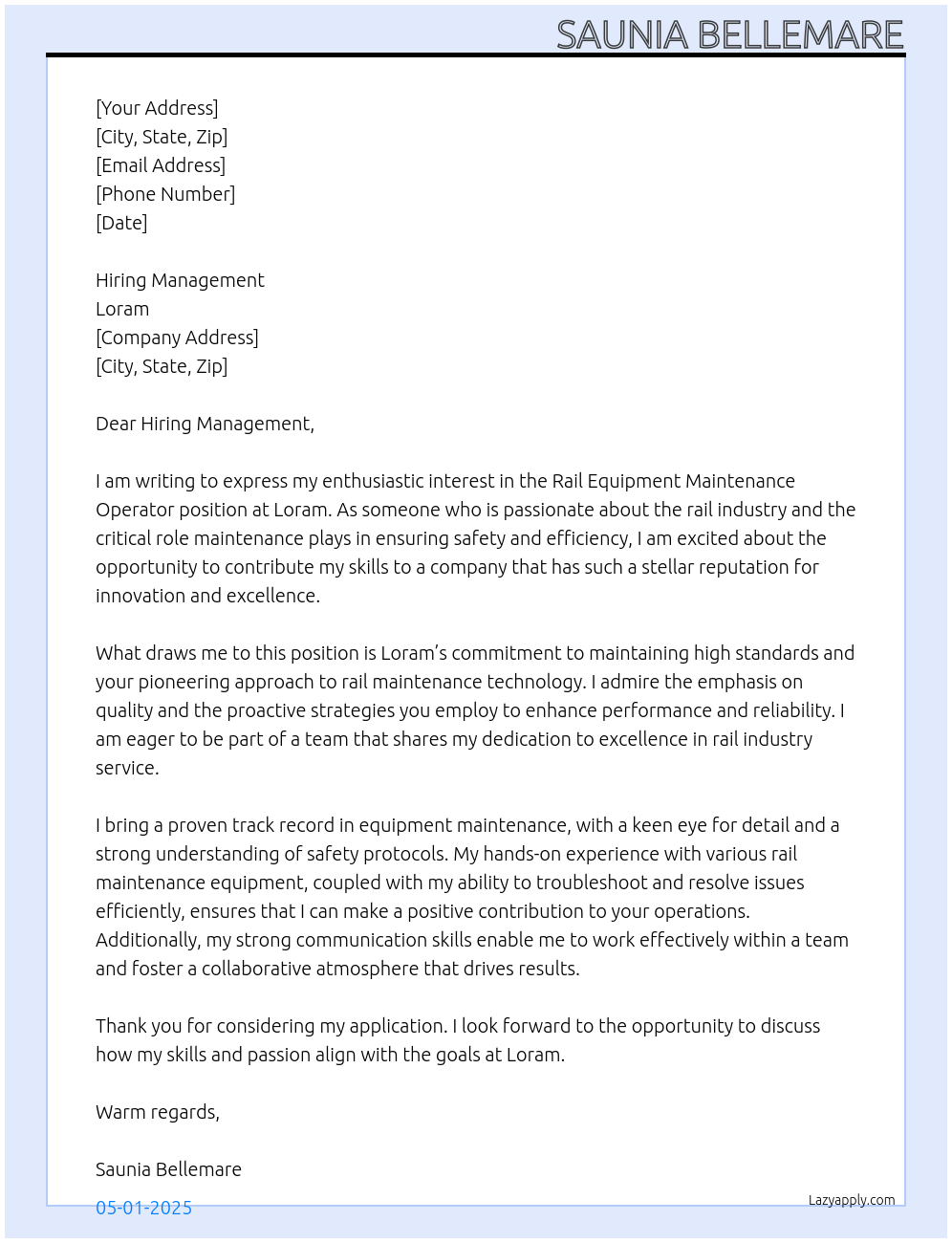 Cover letter for rail equipment maintenance operator - LazyApply