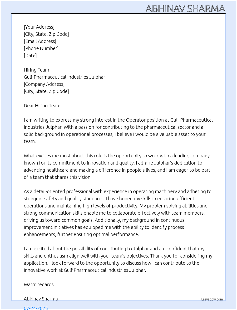 Cover letter for operator - LazyApply