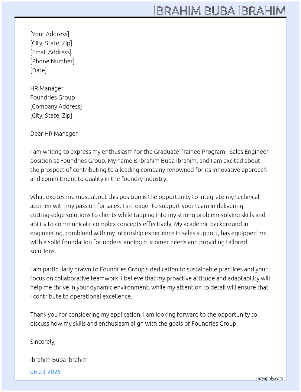 Cover letter for graduate trainee program - sales engineer - LazyApply
