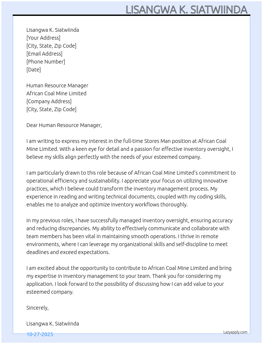 Cover letter for stores man - LazyApply