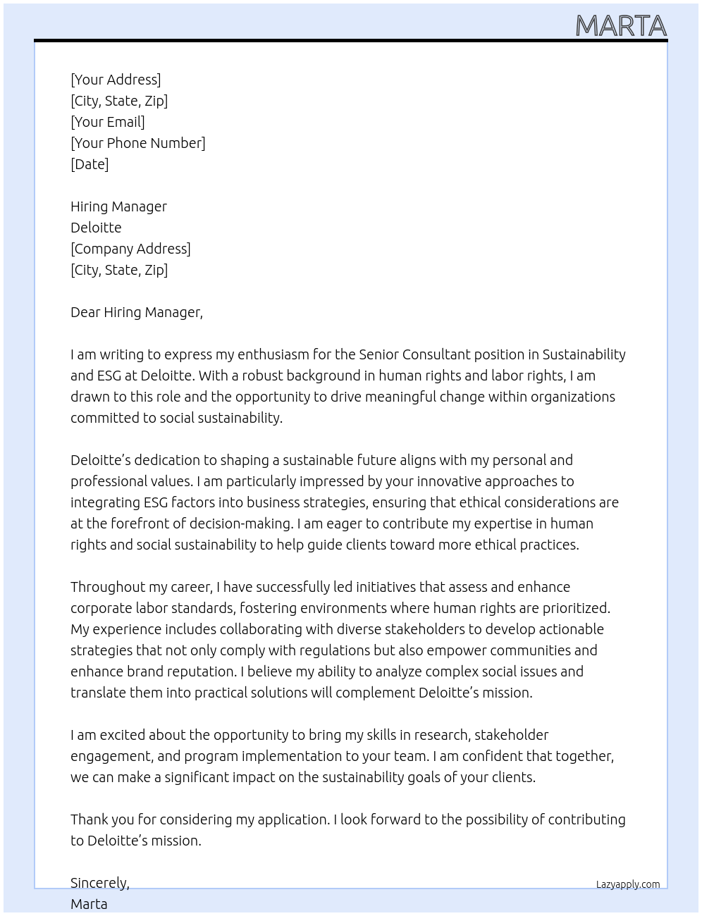 Cover letter for senior consultant to sustainability and esg, with ...