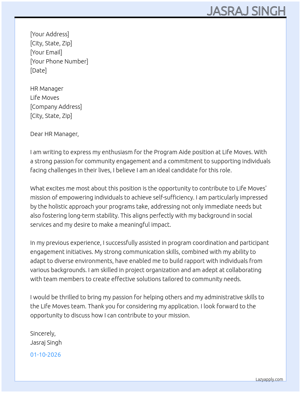 Cover letter for program aide - LazyApply