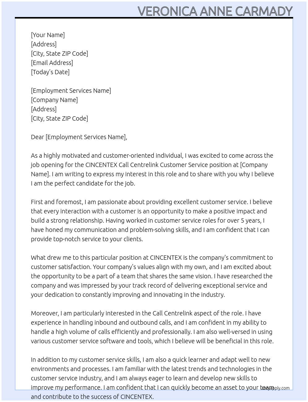 Cover letter for cincentex :call centrelink customer service - LazyApply