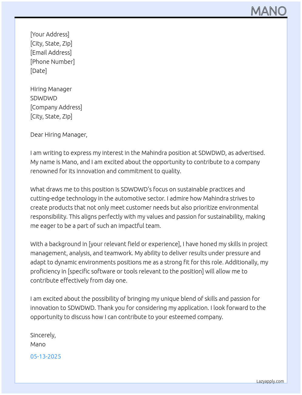 Cover letter for mahindera - LazyApply