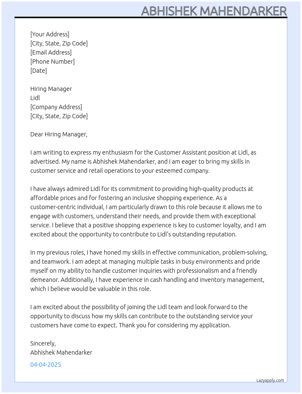 Cover letter for customer assistant - LazyApply