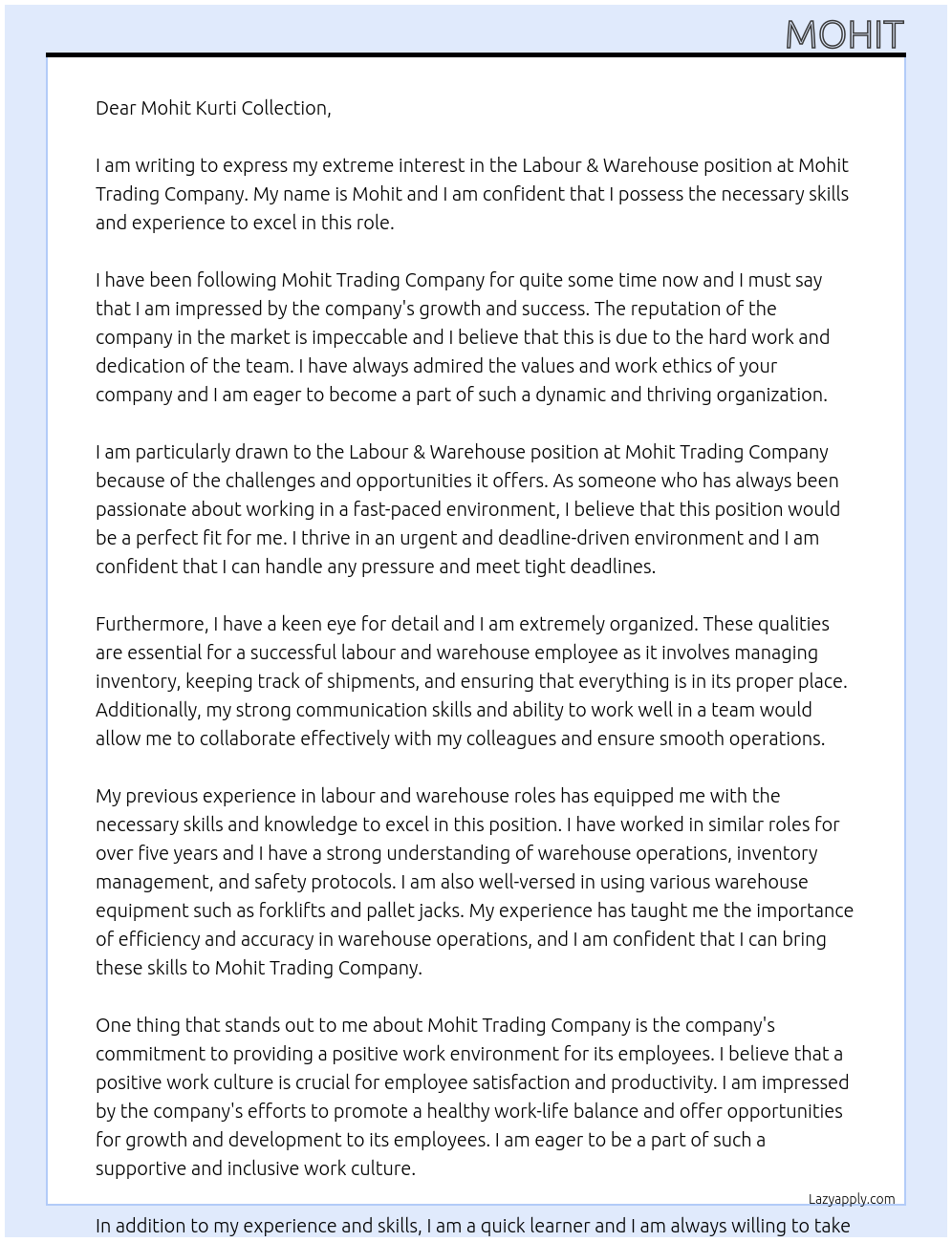 Cover letter for labour & warehouse - LazyApply