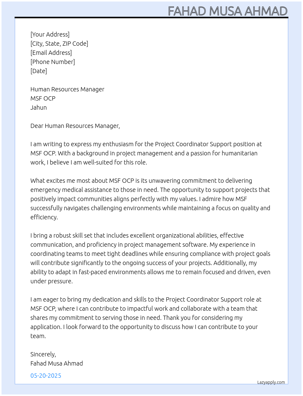 Cover letter for project coordinator support - LazyApply