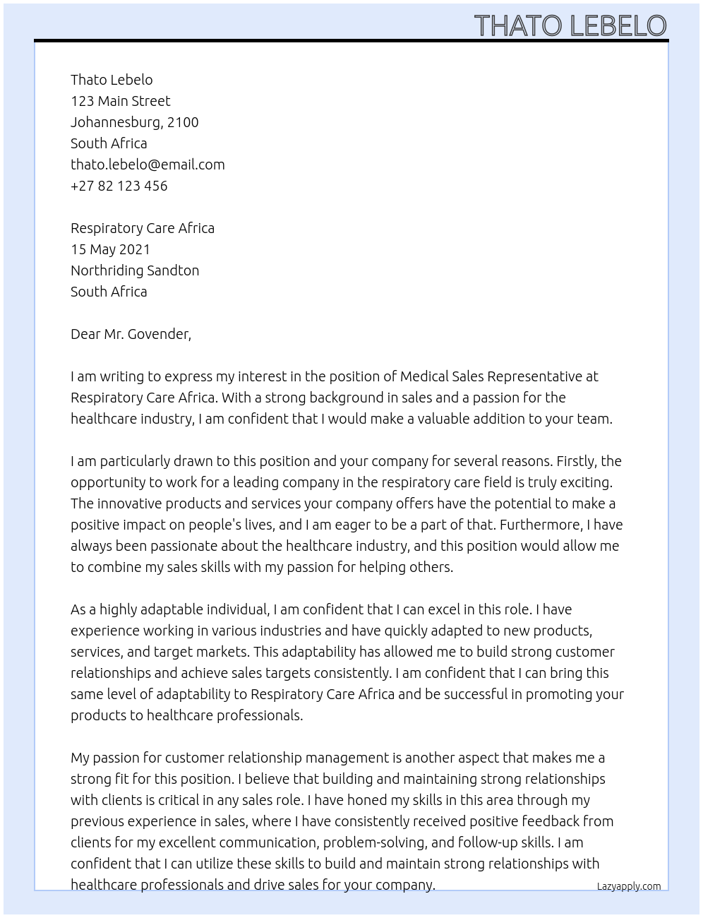Cover letter for medical sales representative - LazyApply
