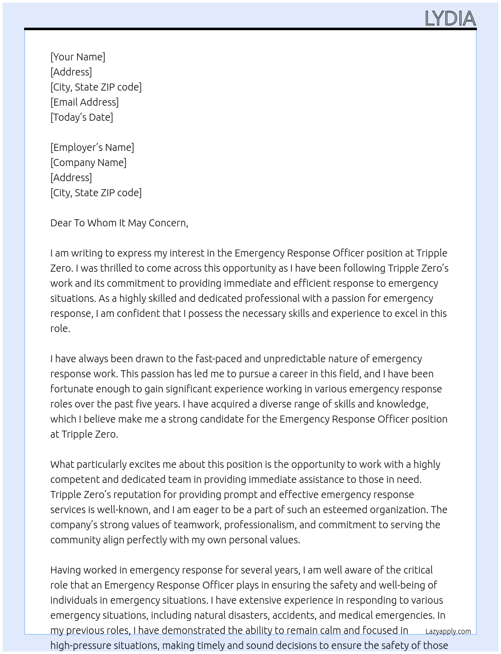 Cover letter for emergency response officer - LazyApply
