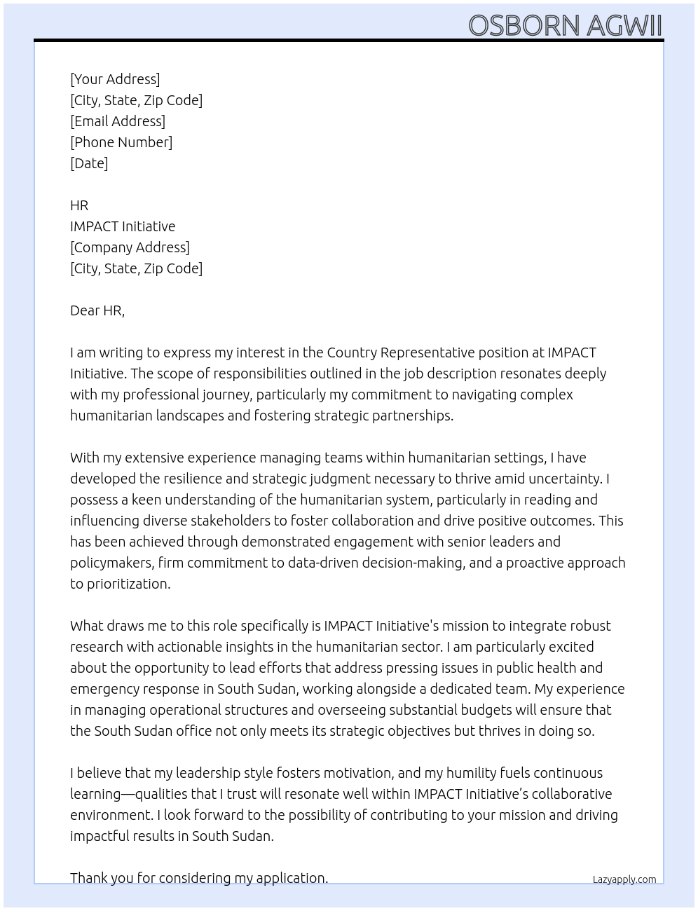 Cover letter for country representative - LazyApply