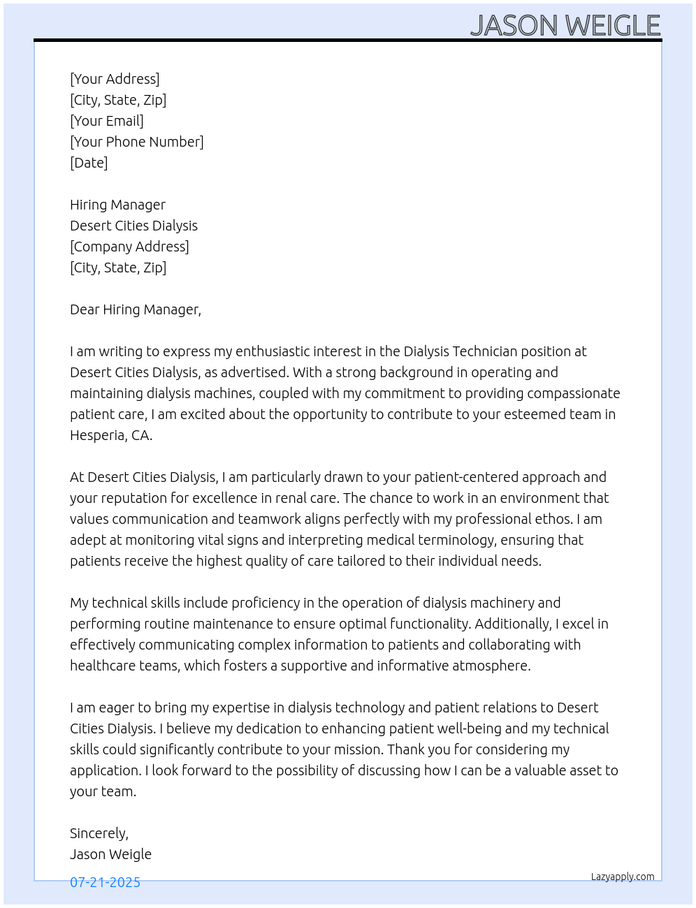 Cover letter for dialysis technician - LazyApply