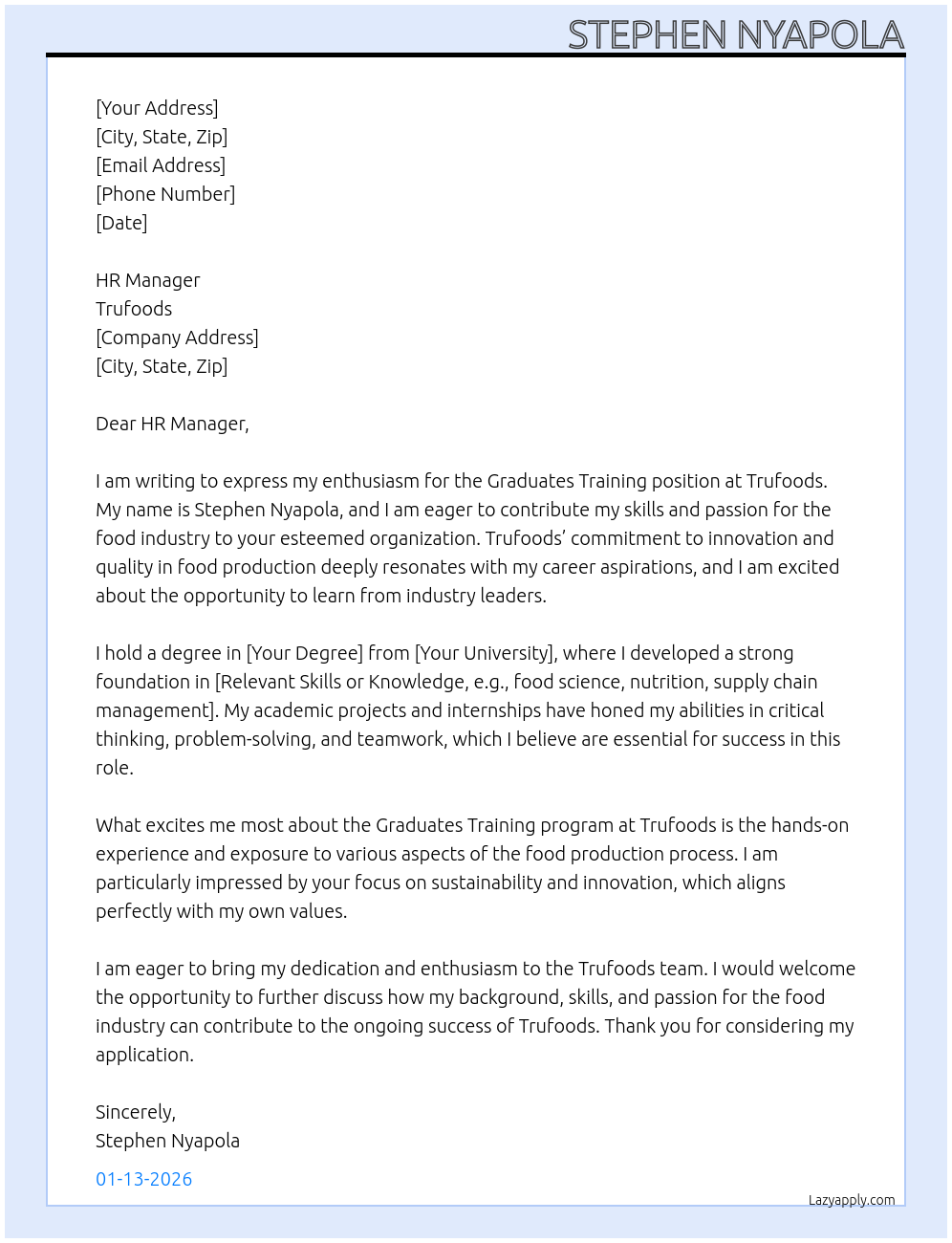 Cover letter for graduates training - LazyApply