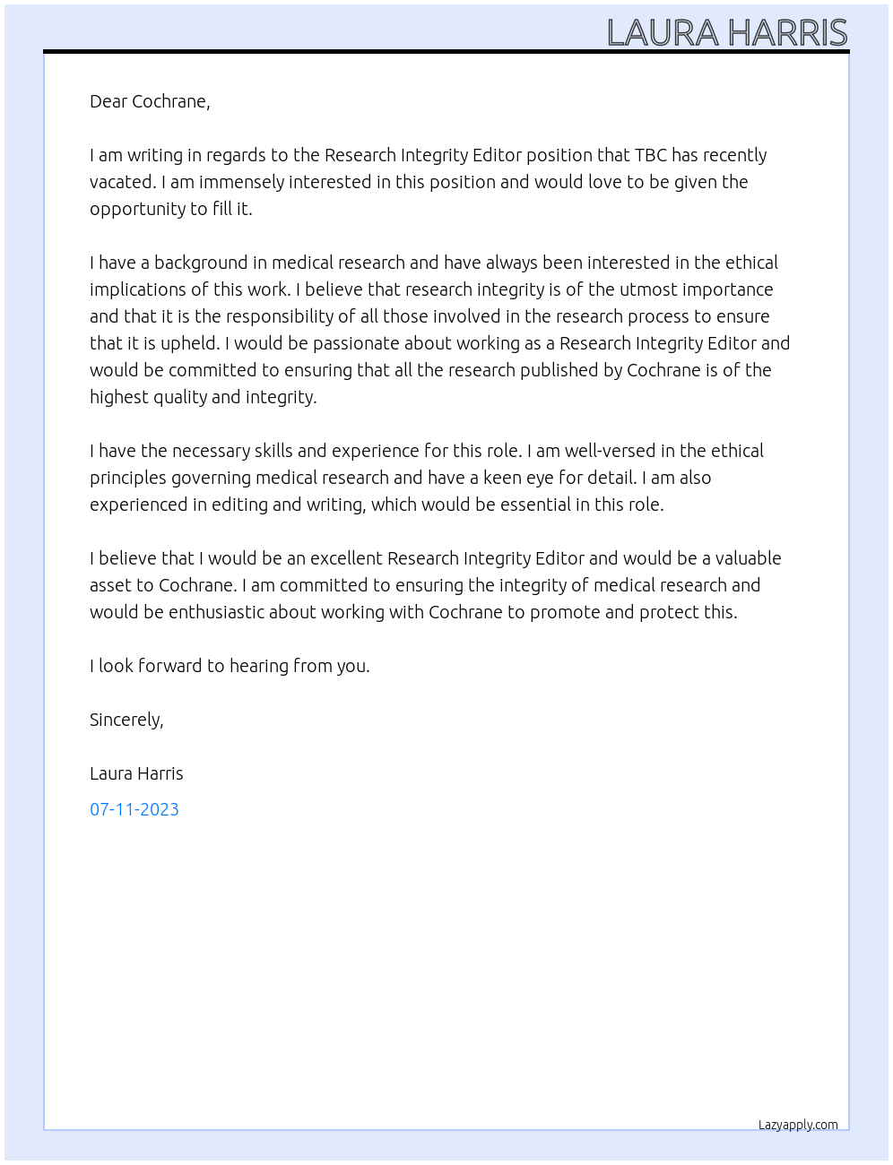 Cover letter for research integrity editor - LazyApply