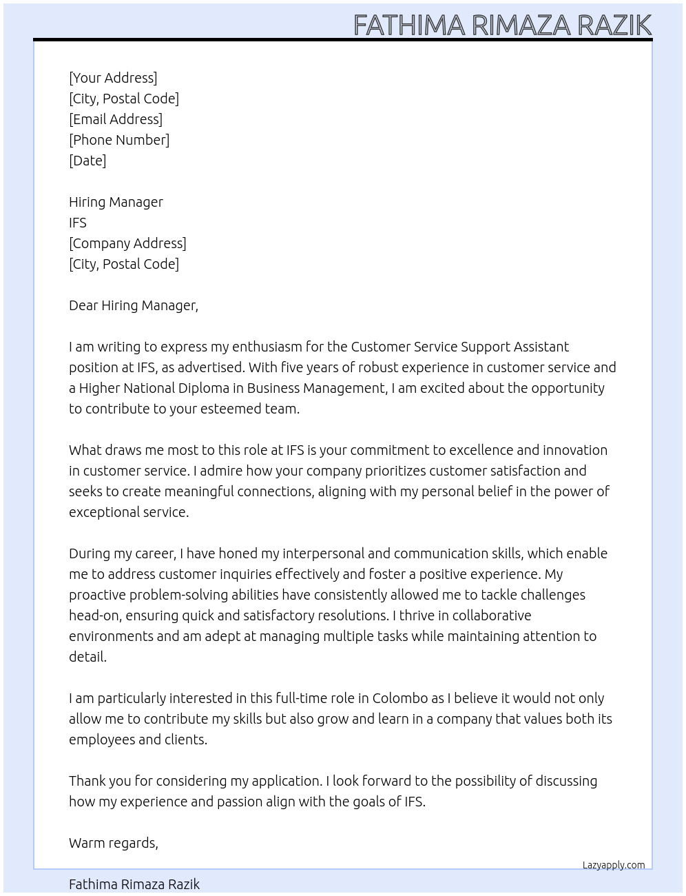 Cover letter for customer service support assistant - LazyApply