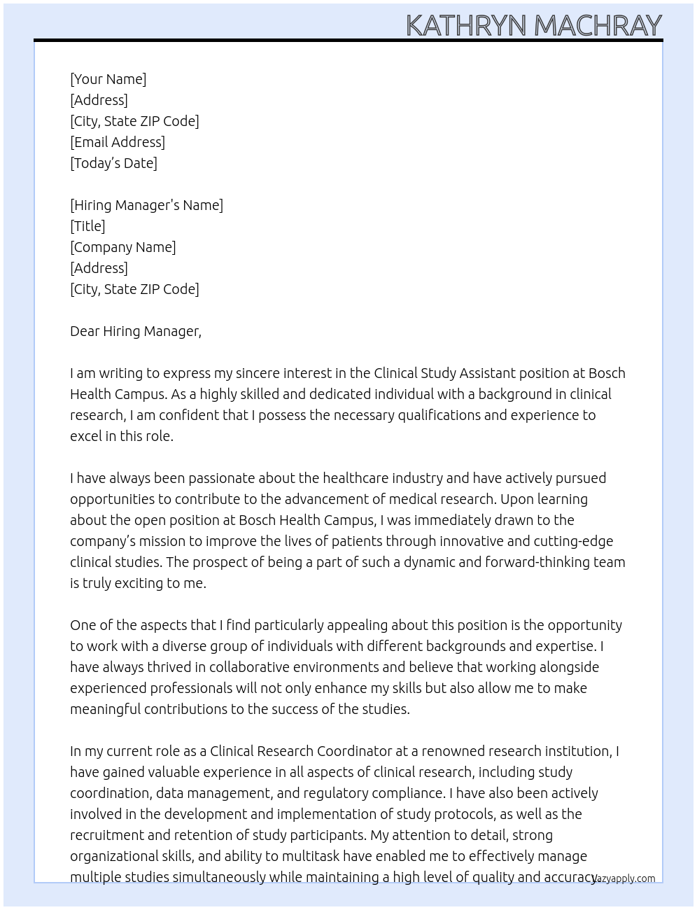 Cover letter for clinical study assistant - LazyApply