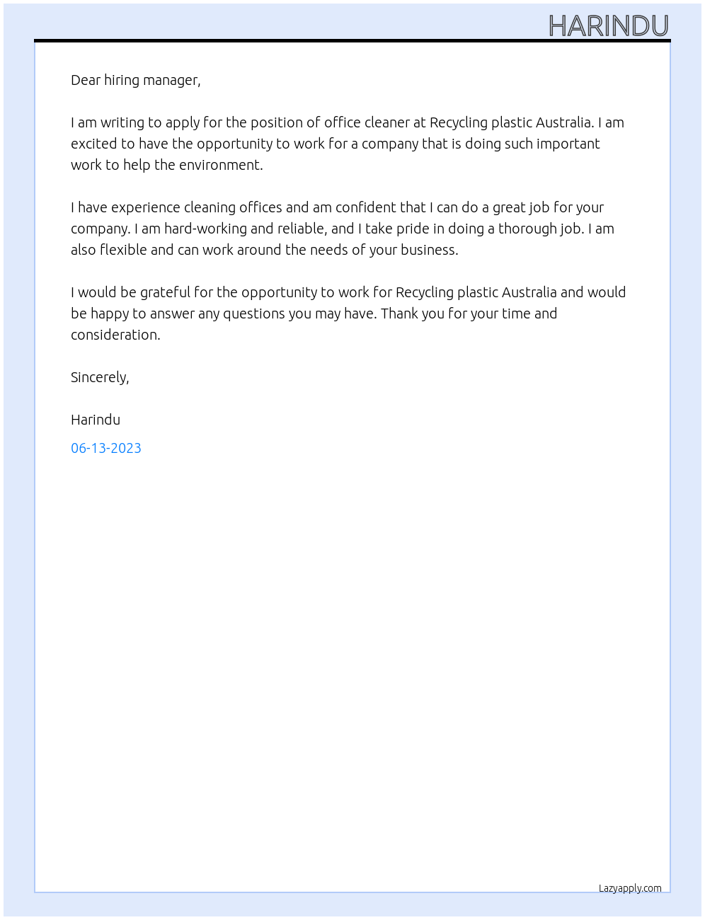 Cover letter for office cleaner - LazyApply