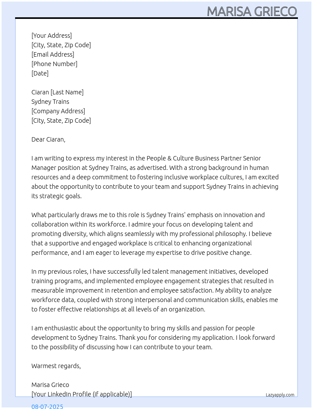 Cover letter for people & culture business partner senior manager ...