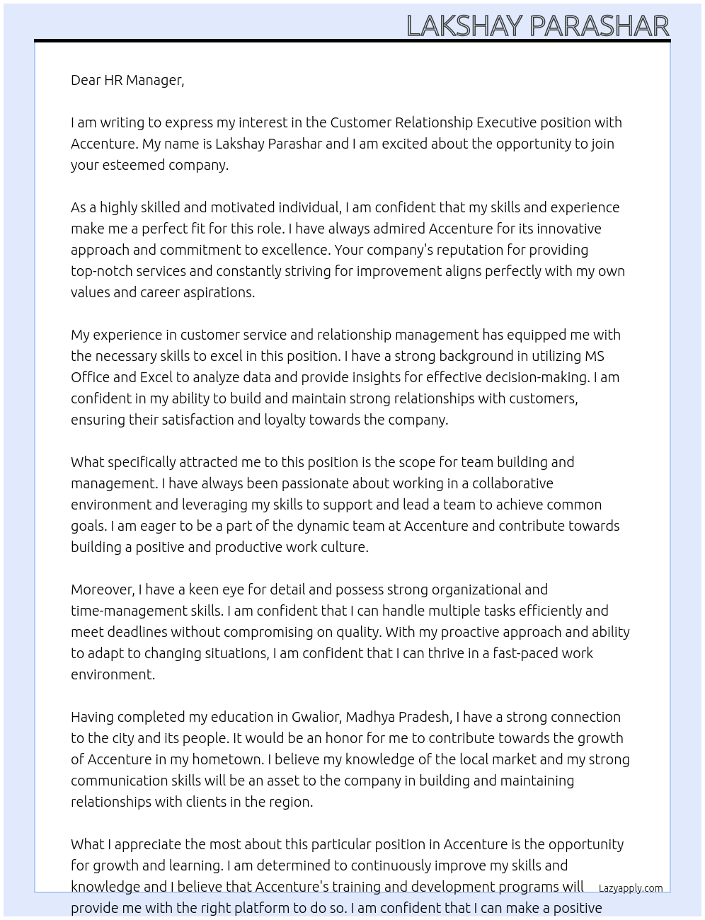 Cover letter for customer relationship executive - LazyApply