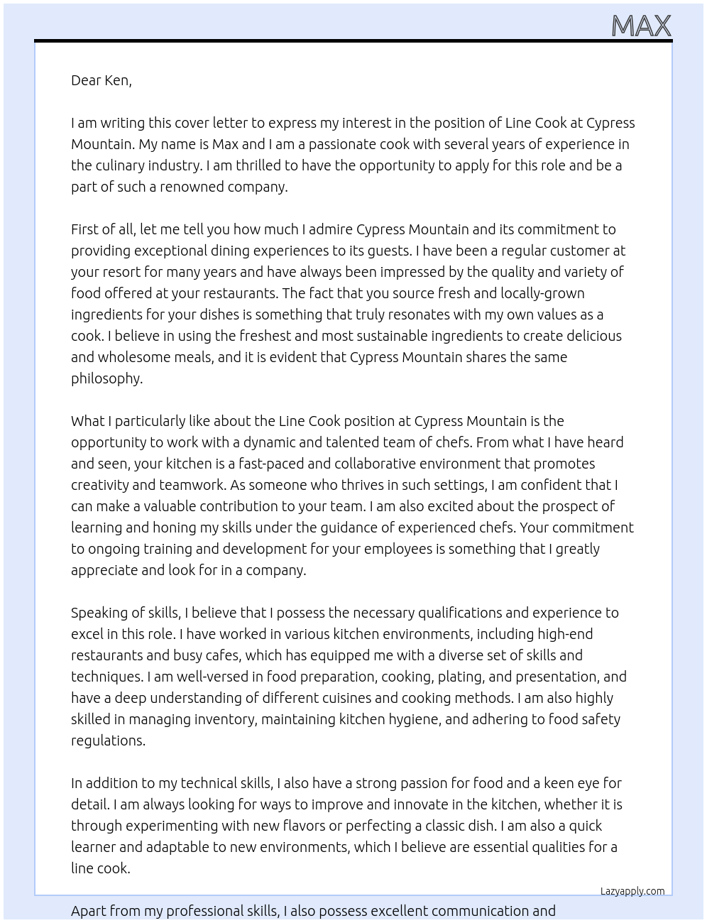Cover letter for line cook - LazyApply