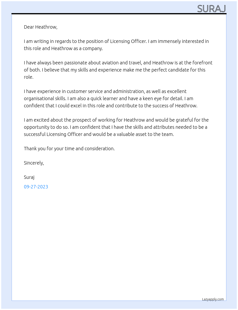 Cover letter for licensing officer - LazyApply