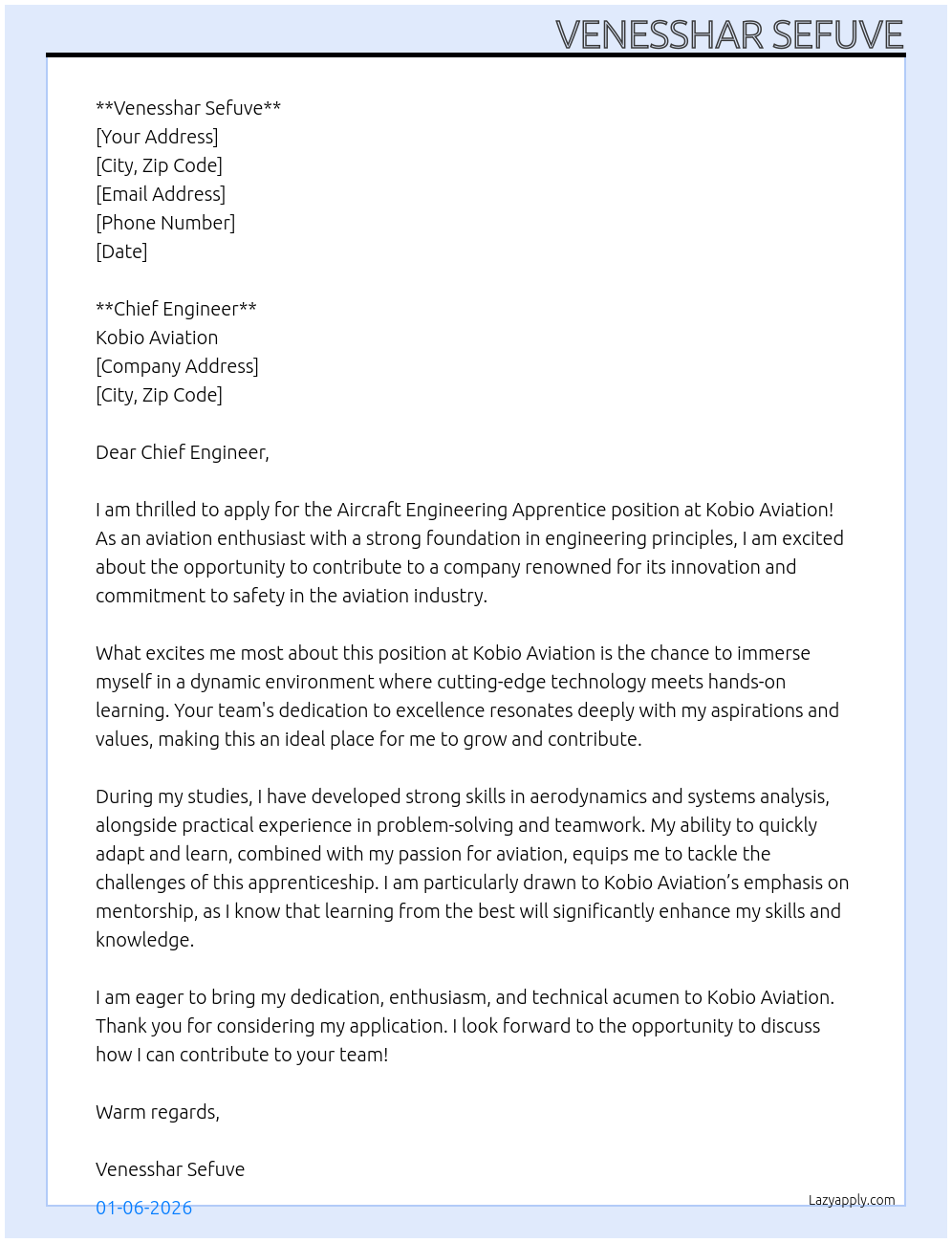 Cover letter for aircraft engineering apprentice - LazyApply