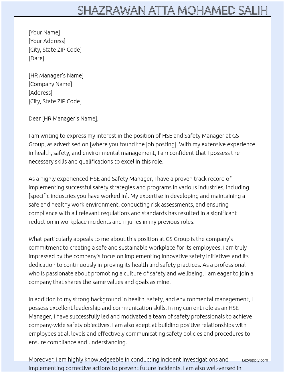Cover letter for hse and safety manager - LazyApply