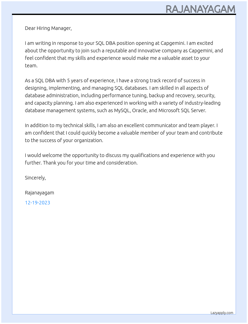 Cover letter for sql dba - LazyApply