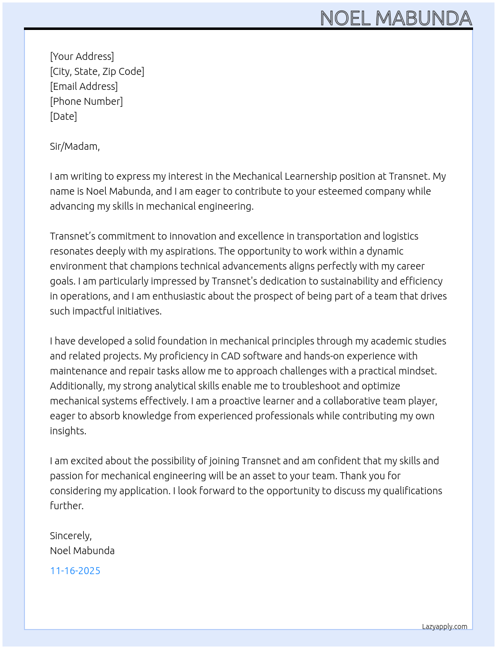 Cover letter for mechanical learnership - LazyApply