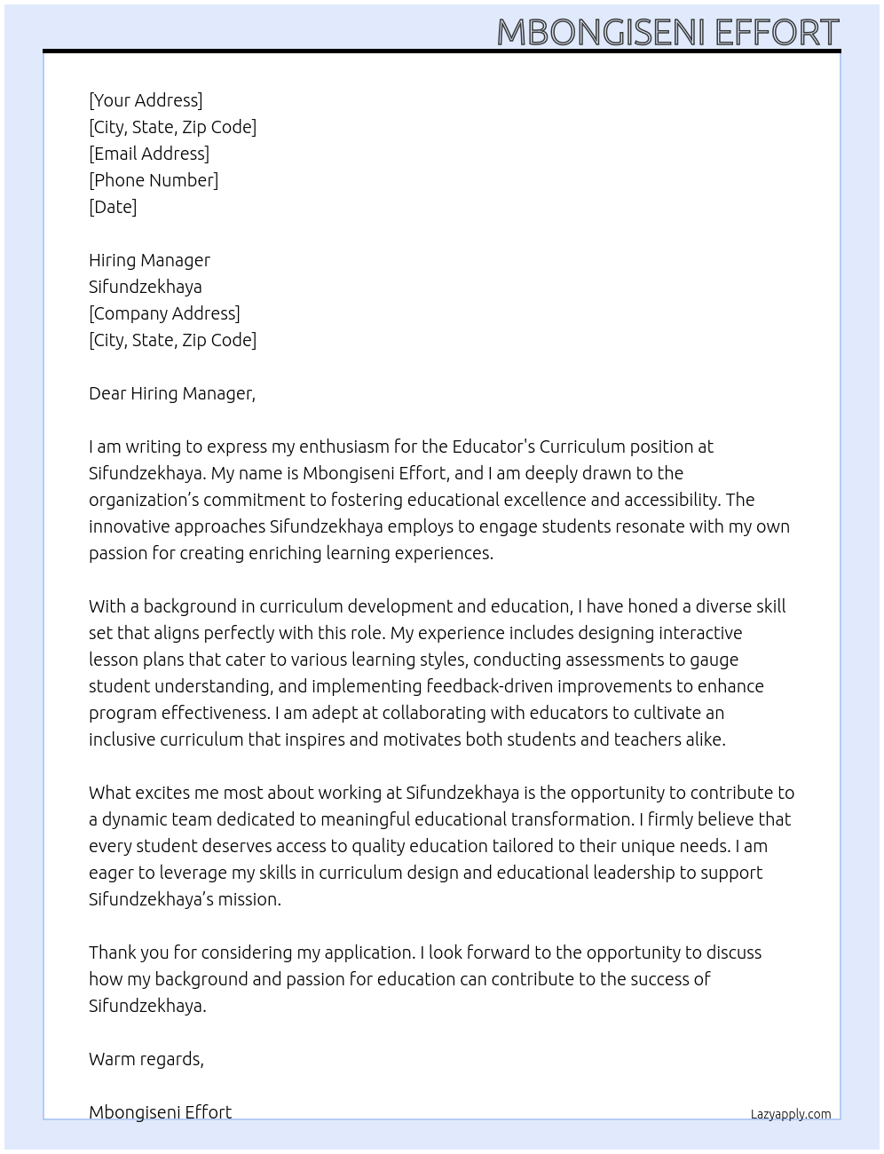 Cover letter for educator's curriculum - LazyApply