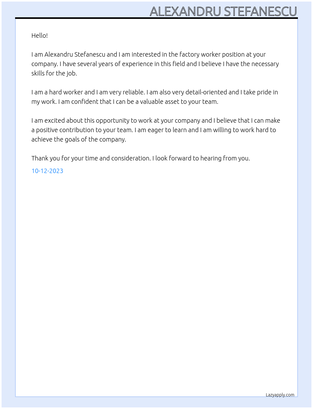 Cover letter for factory worker - LazyApply