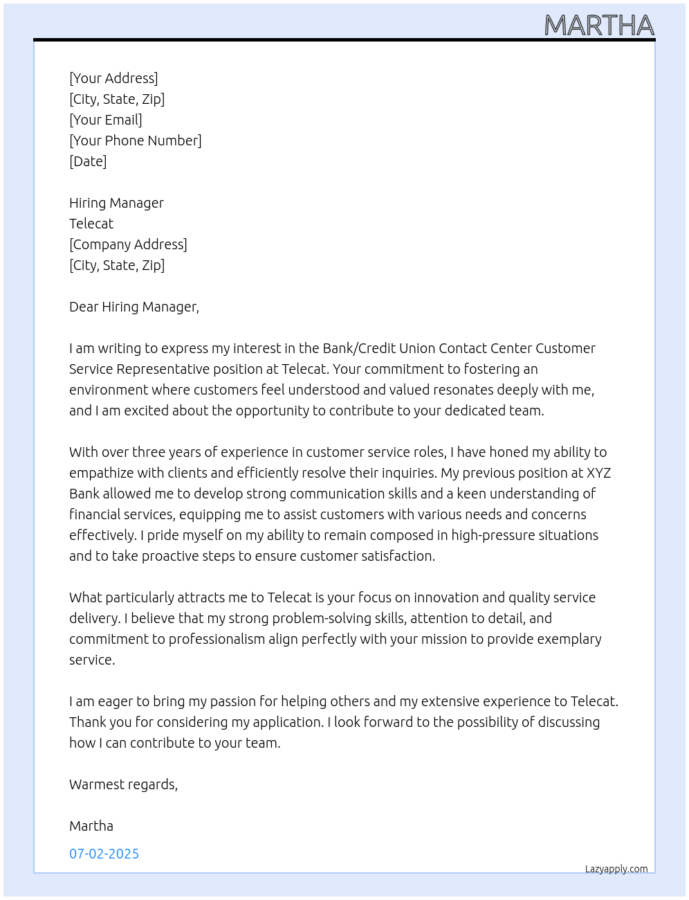 Cover letter for bank/credit union contact center customer service ...