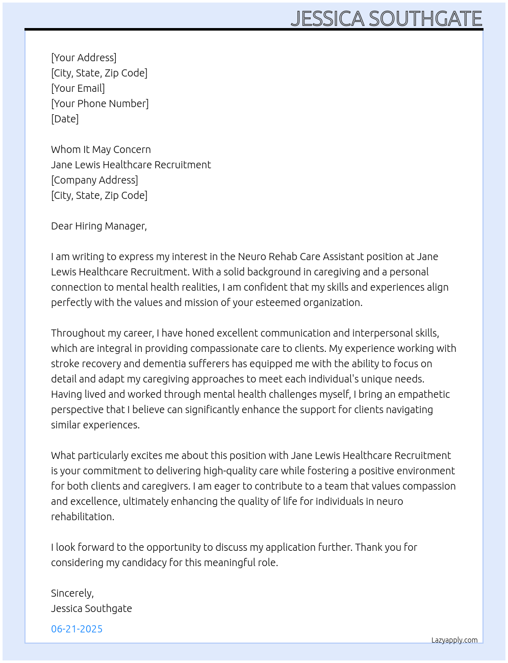 Cover letter for neuro rehab care assistant - LazyApply