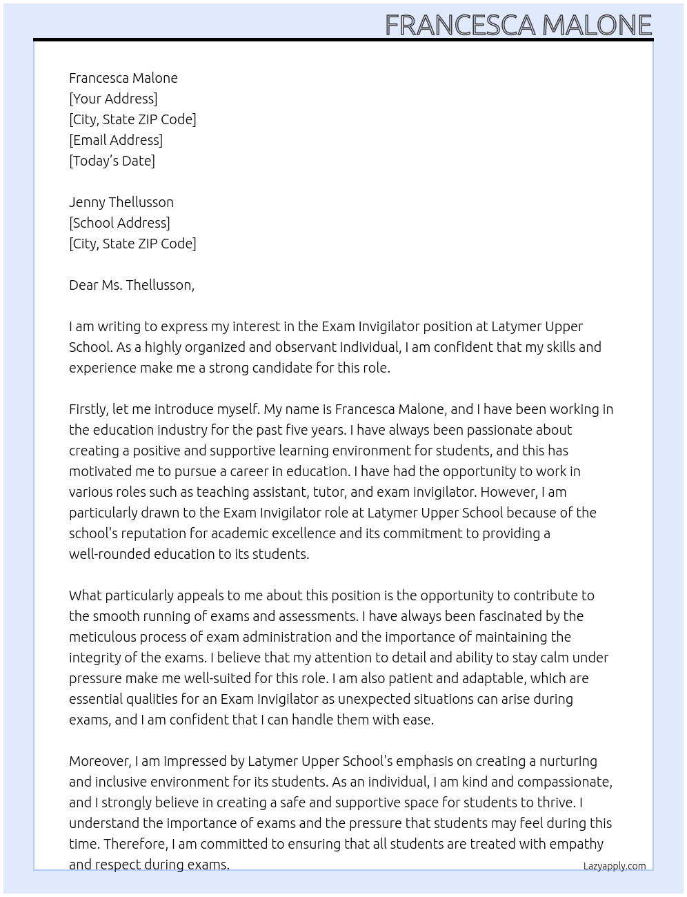 Cover letter for exam invigilator - LazyApply