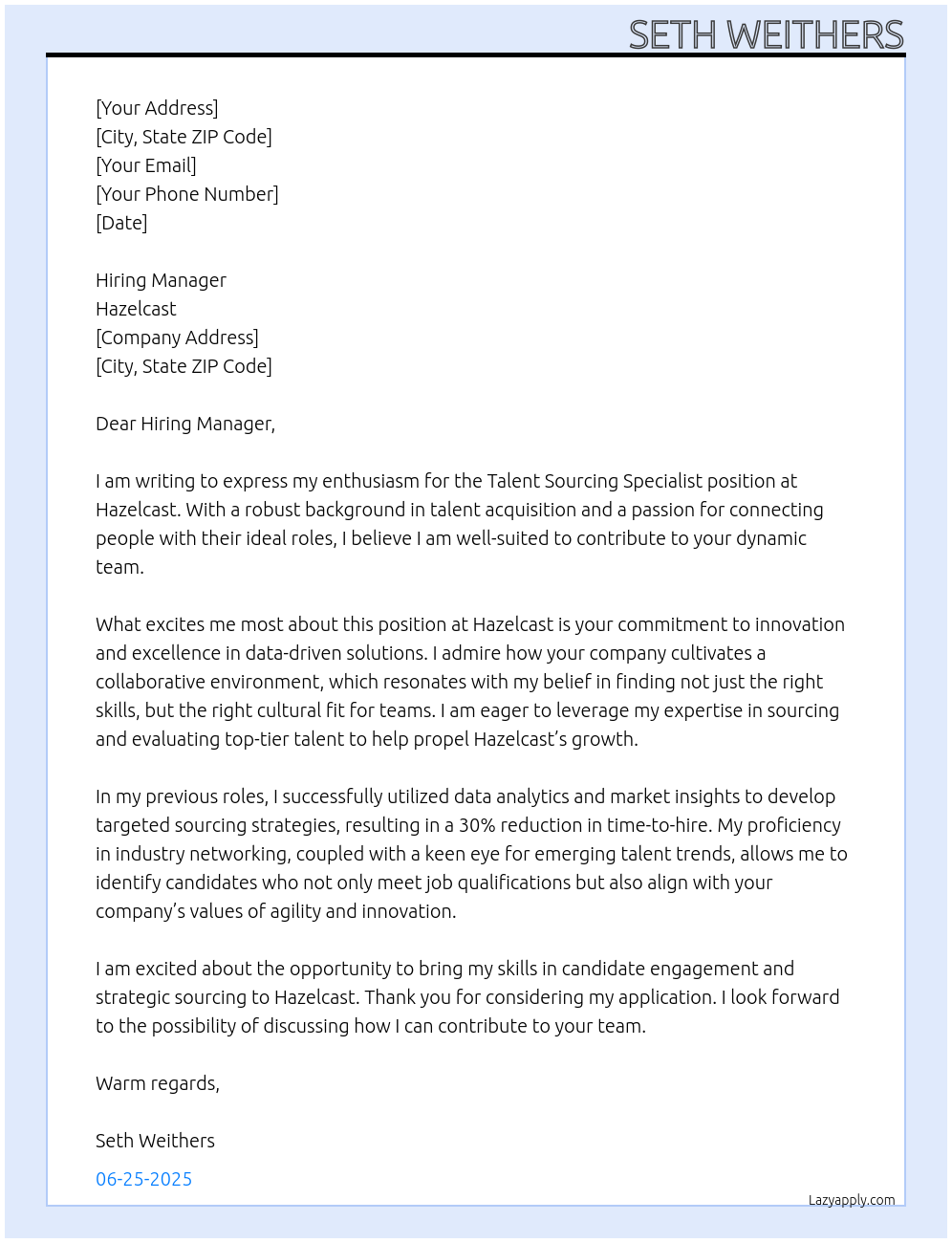 Cover letter for talent sourcing specialist - LazyApply