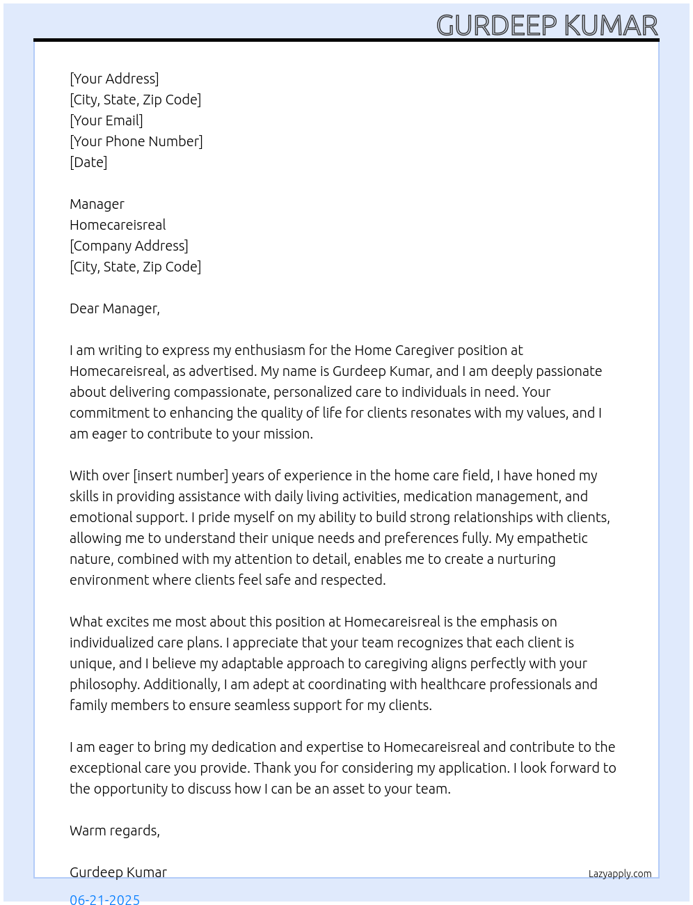 Cover letter for home ccaregiver - LazyApply